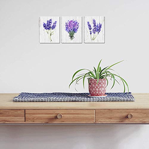 gold mi Flowers Home Decorations Purple Lavender Flower Artwork for Living Room Office Bathroom Wall Decor Floral Grey Wood Grain Rustic Posters and Prints Frame to Hang 12*16inch