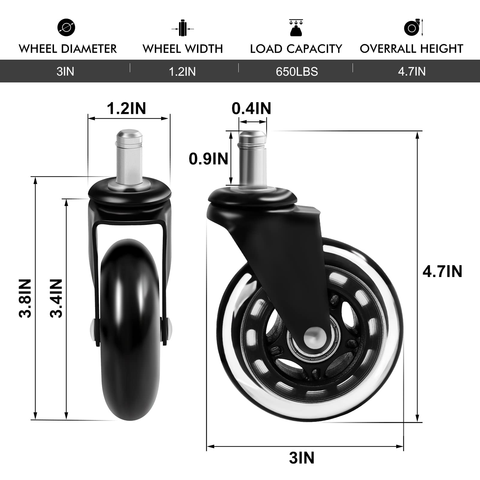 Dowinx Office Chair Caster Replacement Rubber Wheels Set of 5, Heavy Duty Smooth Rolling Caster Universal Fit Safe for All Floors Including Hardwood and Carpet