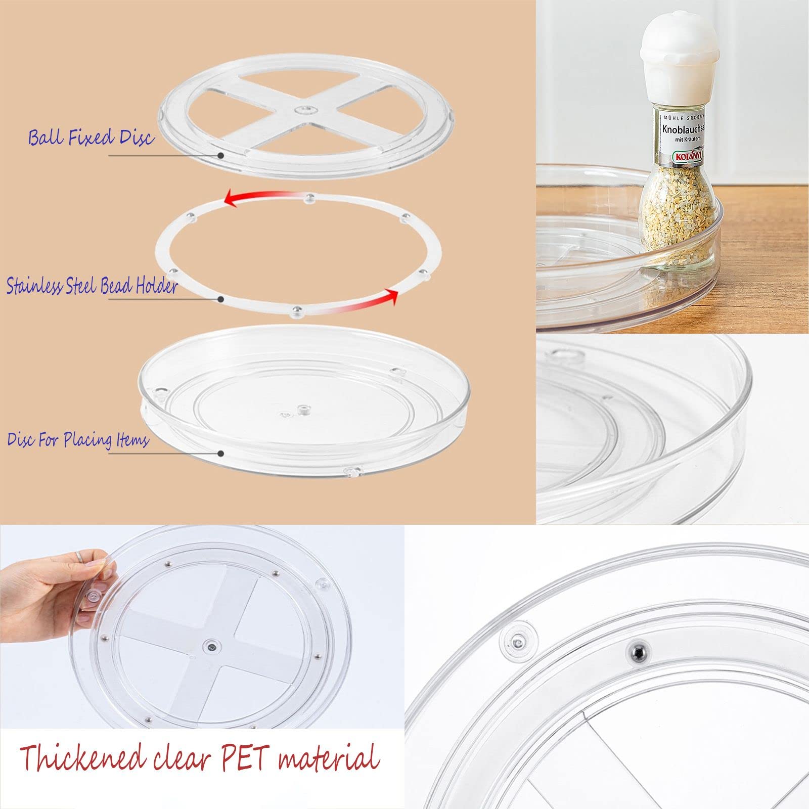 Lazy Susan Turntable Storage Organizer 2 Pcs,Kitchen Spice Rack,Rotation Clear Cupboard Turntable,Dressing Table Storage Rack,Use for Kitchen Dining Room Cabinet Refrigerator Bathroom and Powder Room