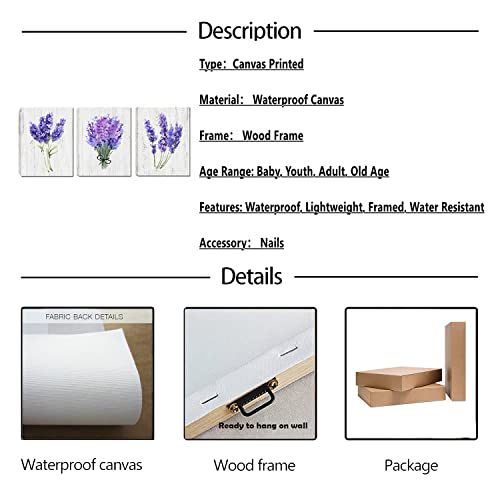 gold mi Flowers Home Decorations Purple Lavender Flower Artwork for Living Room Office Bathroom Wall Decor Floral Grey Wood Grain Rustic Posters and Prints Frame to Hang 12*16inch