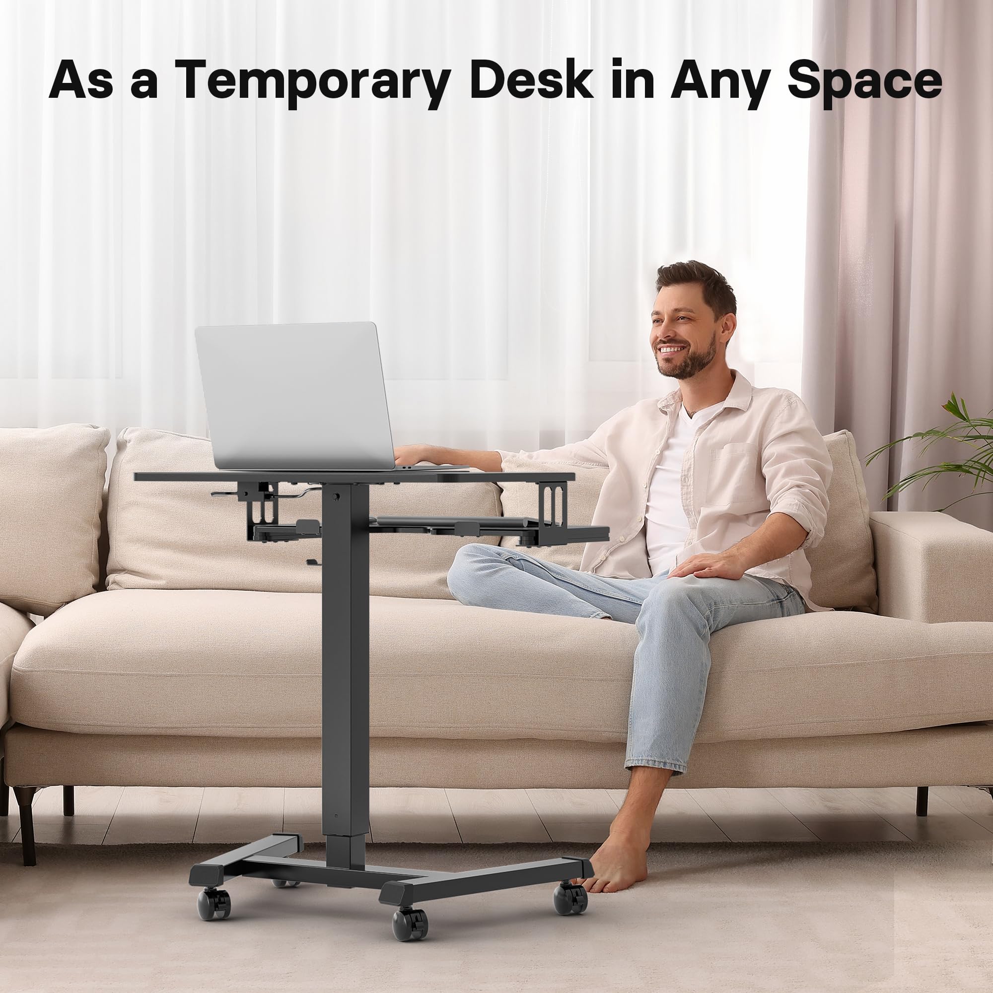 BONTEC Mobile Standing Desk with Keyboard Tray, Mobile Podium, Computer Workstation Up to 33Lbs, Laptop Sit or Stand Desk on Wheels, Height Adjustable Stand Up Table for Living Room, Bedroom, Office