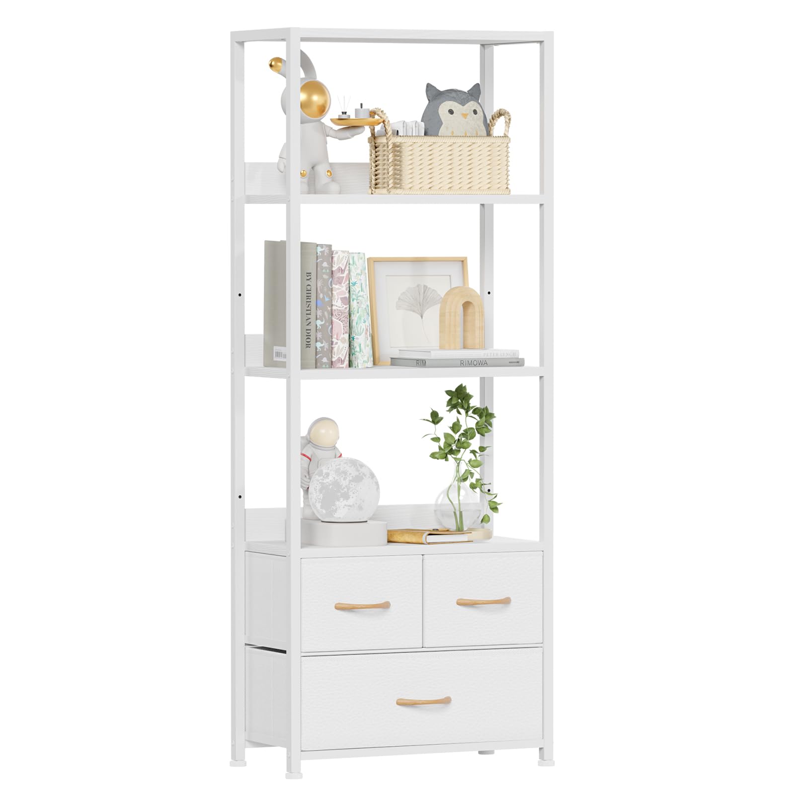 Furnulem White Bookshelf 4 Tier Wood Bookcase with 3 Fabric Drawers, 59" Tall Display Standing Shelf Unit for Living Room,Bedroom,Office,Kitchen,Balcony(White)