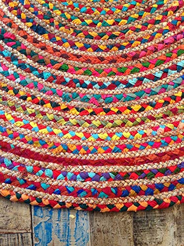 Indian Handmade Hand Braided Bohemian Reversible Colorful Cotton Round Yoga Mat Chindi Jute Bath Rug (24 inch) (2 feet Dia.)