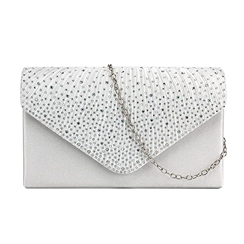 Goclothod Evening Envelope Women Rhinestone Satin Clutch Purse Cocktail Wedding Party Bridal Handbag White