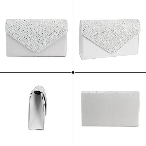 Goclothod Evening Envelope Women Rhinestone Satin Clutch Purse Cocktail Wedding Party Bridal Handbag White