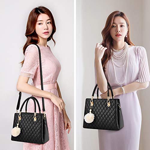 Womens Leather Handbag Purses Top Handle Quilted Shoulder Bag Totes Satchel for Ladies with Pompon