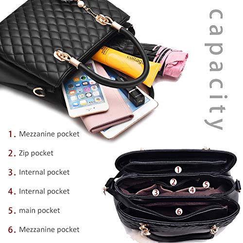 Womens Leather Handbag Purses Top Handle Quilted Shoulder Bag Totes Satchel for Ladies with Pompon