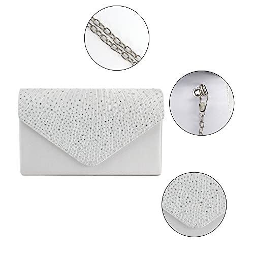 Goclothod Evening Envelope Women Rhinestone Satin Clutch Purse Cocktail Wedding Party Bridal Handbag White