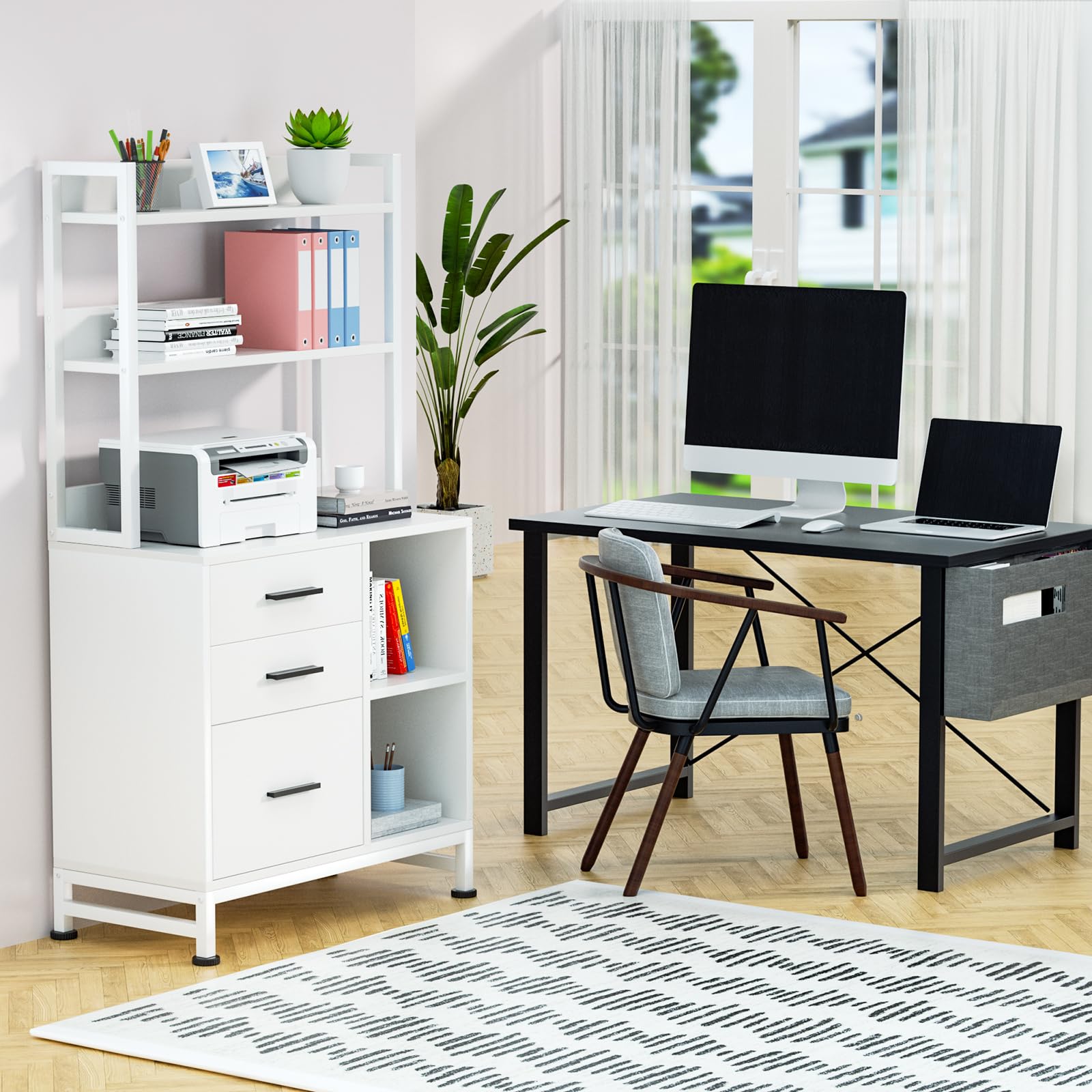 Pipleo 3-Drawer File Cabinet, Vertical Filing Cabinets for Home Office Organization, Stylish Office Shelves and Bookshelf with Drawers - A4 and Letter Size Compatible (White)