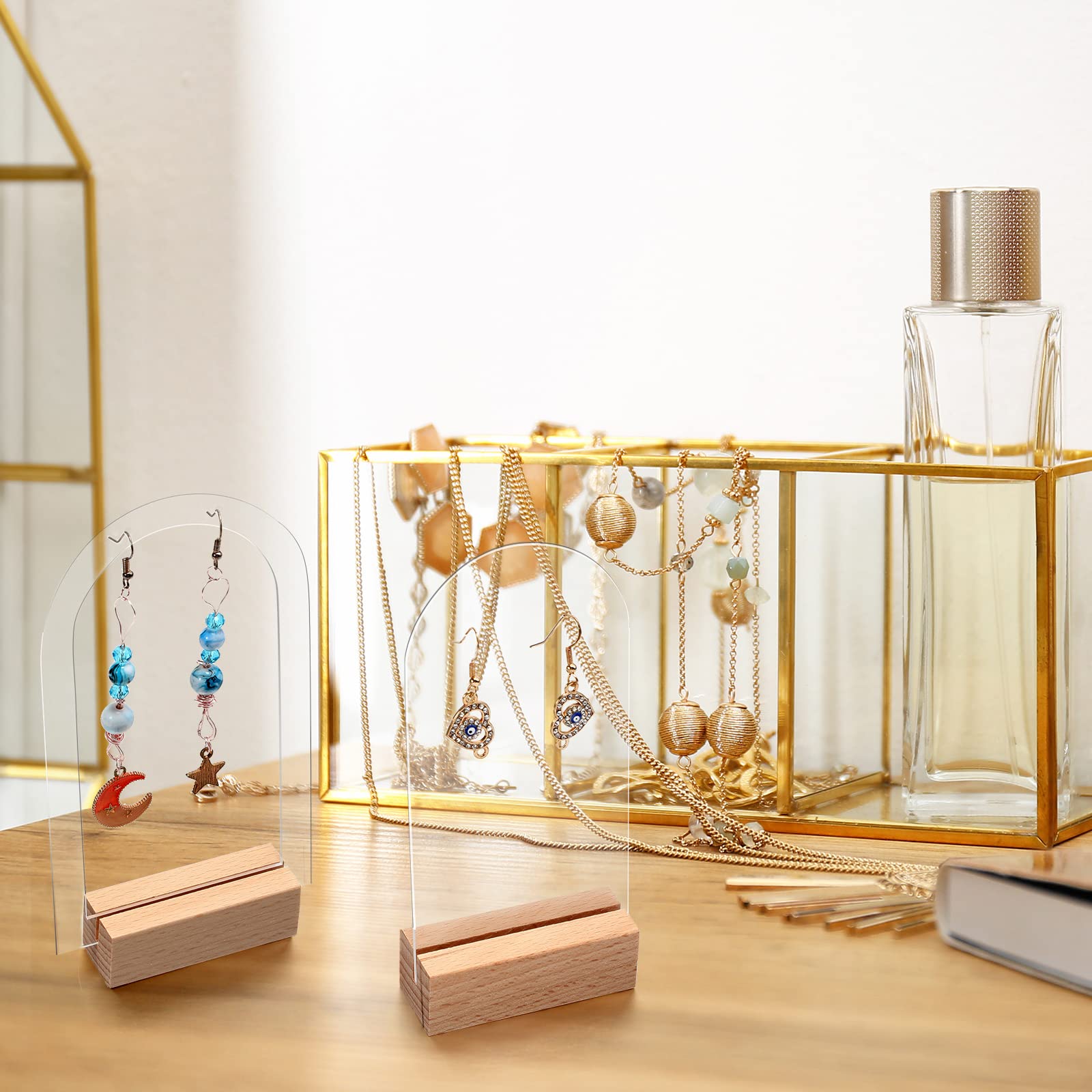 Yulejo Acrylic Earring Display Stand Jewelry Retail Holder Arch Acrylic Earring Holder Solid Hollow Acrylic Sign Stand Jewelry Displays with Wooden Bases for Studs Dangle Earrings (12)