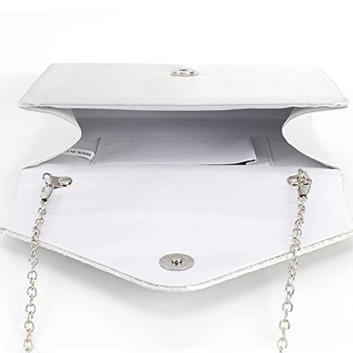 Goclothod Evening Envelope Women Rhinestone Satin Clutch Purse Cocktail Wedding Party Bridal Handbag White