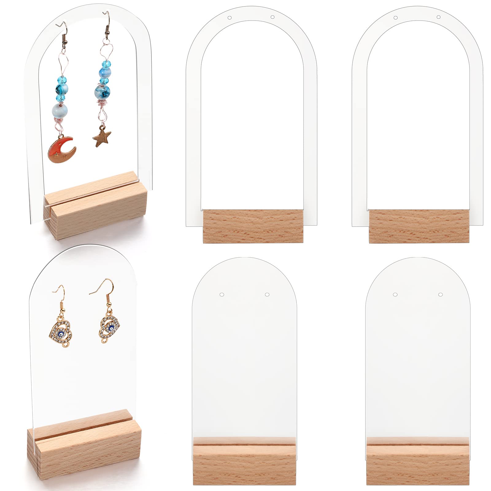 Yulejo Acrylic Earring Display Stand Jewelry Retail Holder Arch Acrylic Earring Holder Solid Hollow Acrylic Sign Stand Jewelry Displays with Wooden Bases for Studs Dangle Earrings (12)
