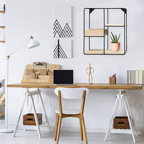 Modernist Industrial Chic Floating Box Shelf Unit, Wall Mounted, Black Iron, Includes 2 Flat Shelves, 1 Bin, Clear Finished, Solid Wood, Black Iron, 4.25 L x 12.25 W x 13.75 H Inches
