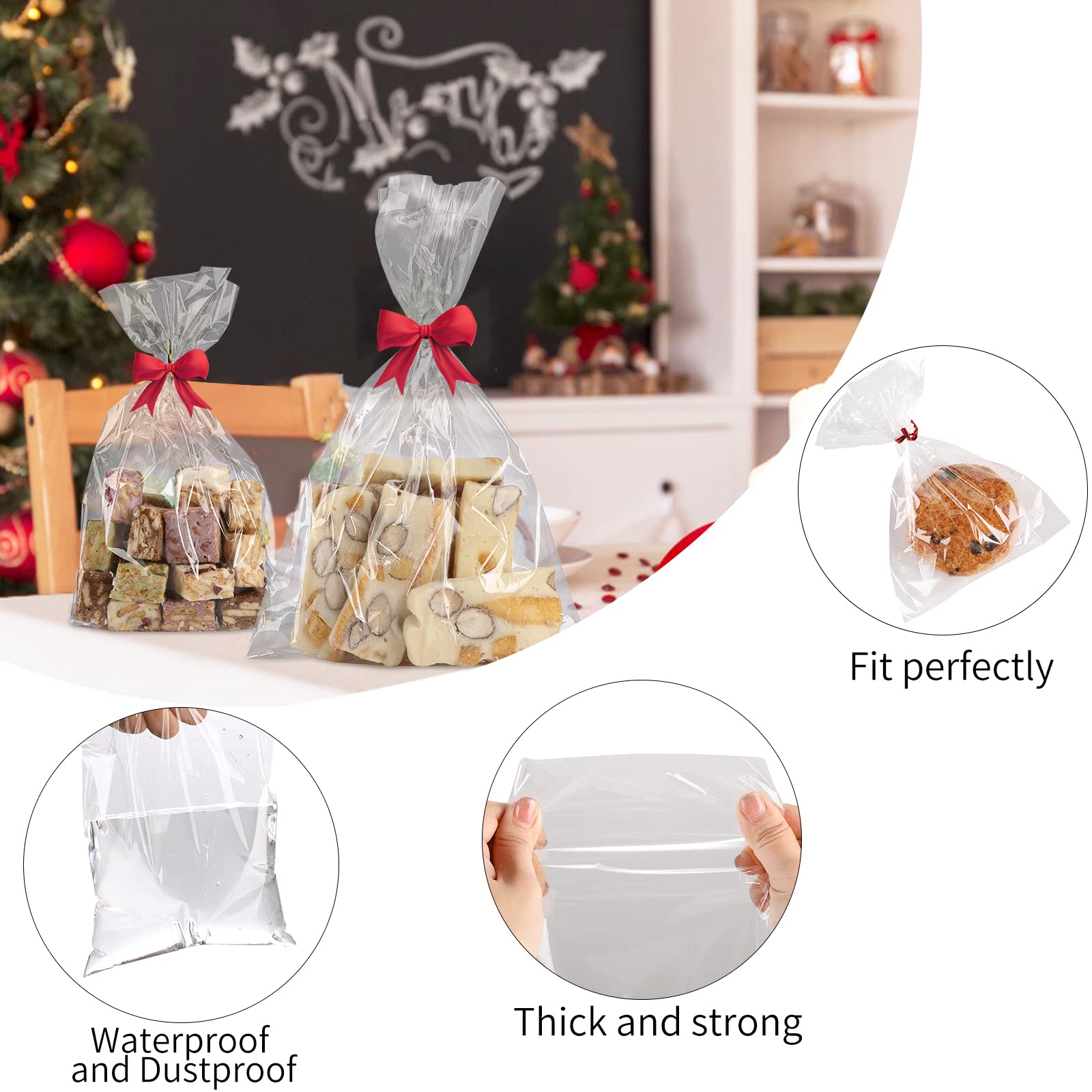 100 Pcs 10 in x 6 in(1.4mil.) Clear Flat Cello Cellophane Treat Bags Good for Bakery, Cookies, Candies,Dessert with 1 random Twist Ties!