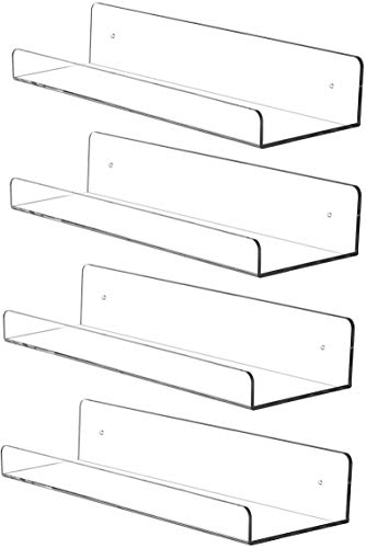 Cq acrylic 15" Invisible Acrylic Floating Wall Ledge Shelf, Wall Mounted Nursery Kids Bookshelf, Invisible Spice Rack, Clear 5MM Thick Bathroom Storage Shelves Display Organizer, 15" L,Set of 4