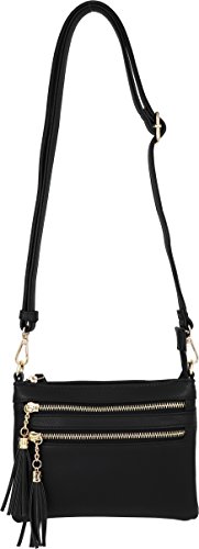 B BRENTANO Vegan Mini Multi-Zipper Crossbody Handbag Purse with Tassel Accents (Black.)