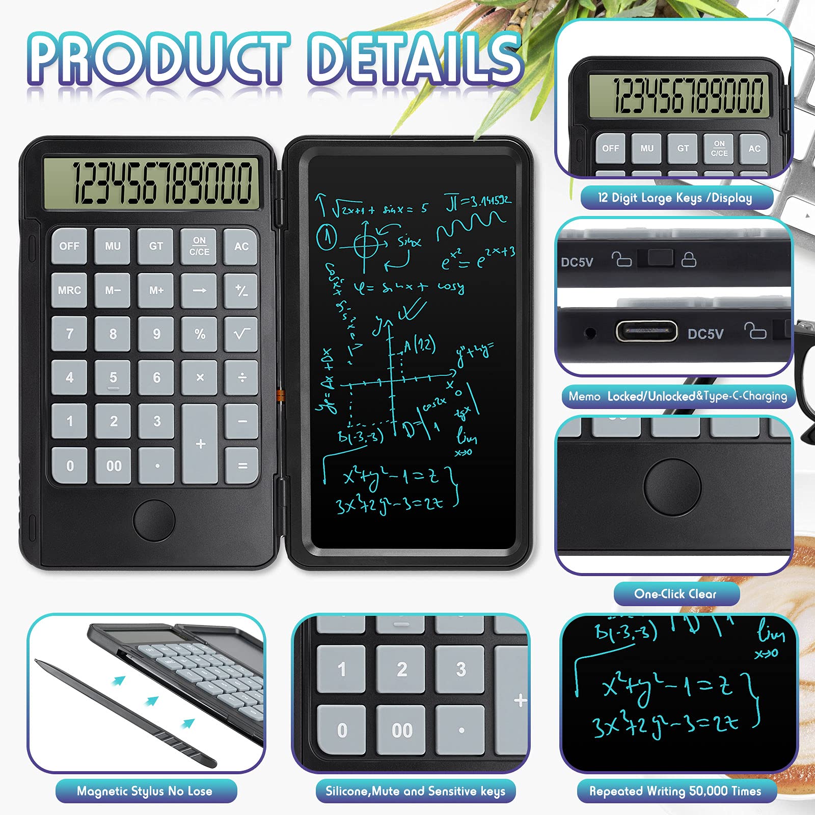 Hion Calculator,12-Digit Large Display Office Desk Calcultors with Erasable Writing Table,Rechargeable Hand held Multi-Function Mute Pocket Desktop Calculator for Basic Financial Home School,Black