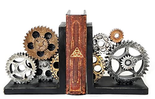Bellaa 20881 Decorative Bookends Gear Book Shelves Stoppers Holder Nonskid Shelf Heavy Ends Supports Vintage Industrial Modern Art Home Decor Statues Sculptures 6 inch