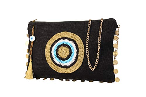 Karens Black-Gold Evil Eye Jute/Burlap Clutch Bag Zipper (w/Chain)