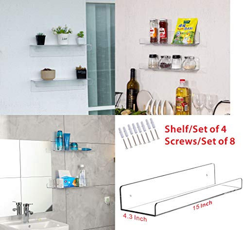 Cq acrylic 15" Invisible Acrylic Floating Wall Ledge Shelf, Wall Mounted Nursery Kids Bookshelf, Invisible Spice Rack, Clear 5MM Thick Bathroom Storage Shelves Display Organizer, 15" L,Set of 4