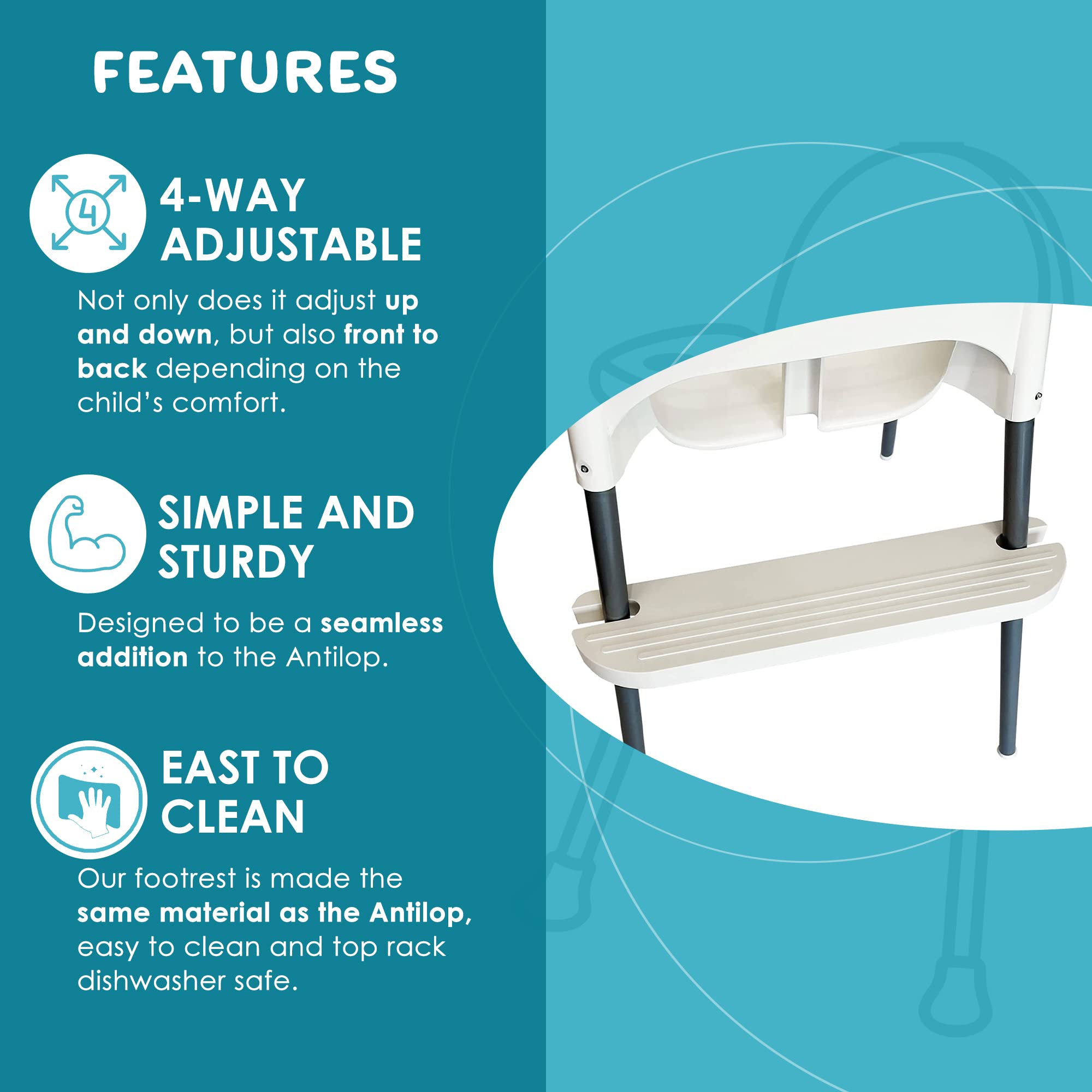 White IKEA High Chair Foot Rest, Compatible with Antilop Chairs | Adjustable, Reversible & Non-Slip Foot Rest for IKEA Chair - Made with Durable Polypropylene - (19.75 x 4.75 x 1โ inches)