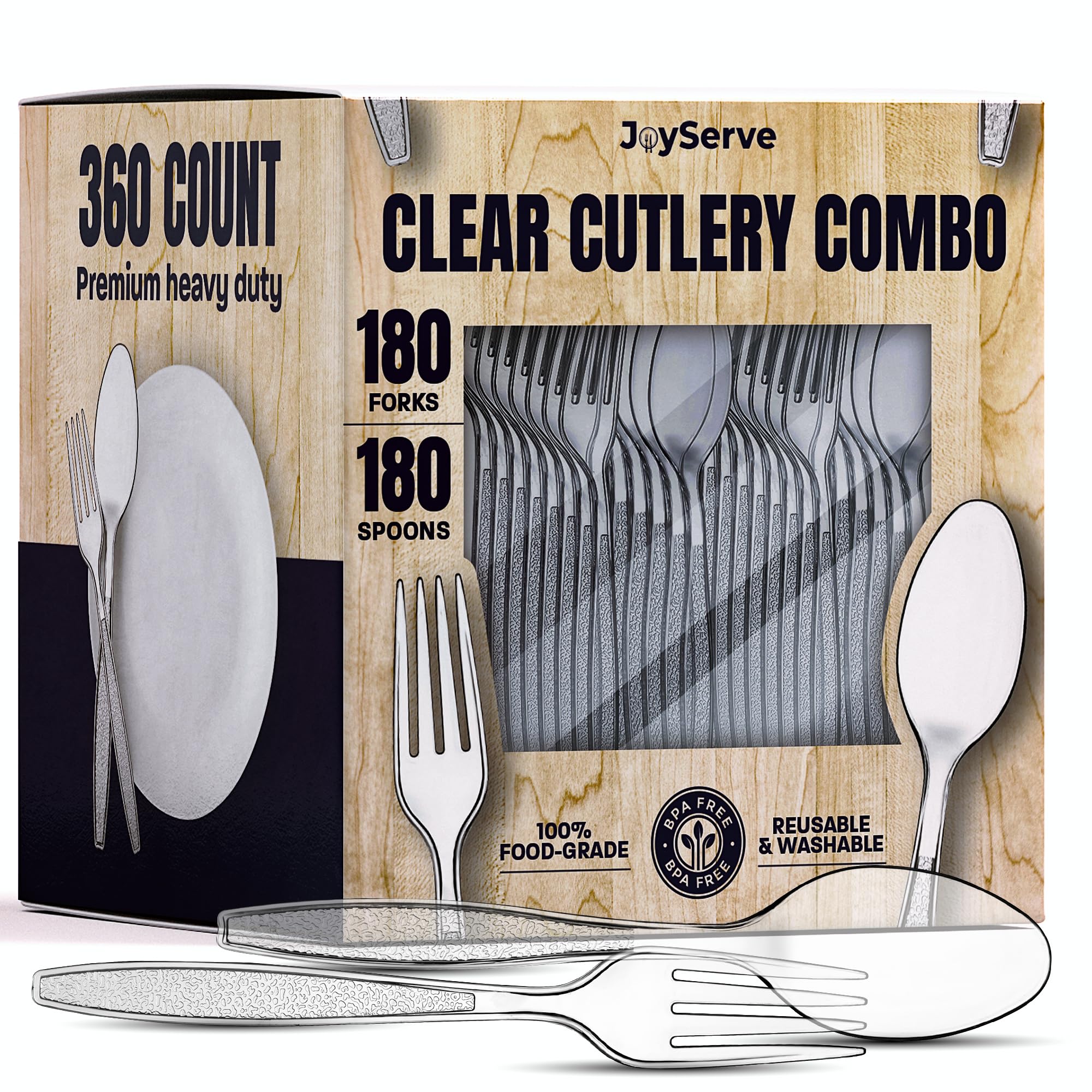 Clear Plastic Cutlery Set - (Bulk Pack 360 Pcs) Disposable Plastic Utensils Heavy Duty, 180 Plastic Forks and 180 Spoons, Silverware Sets for Party Supplies, Dinners, Take-Out, Catering, Food Services