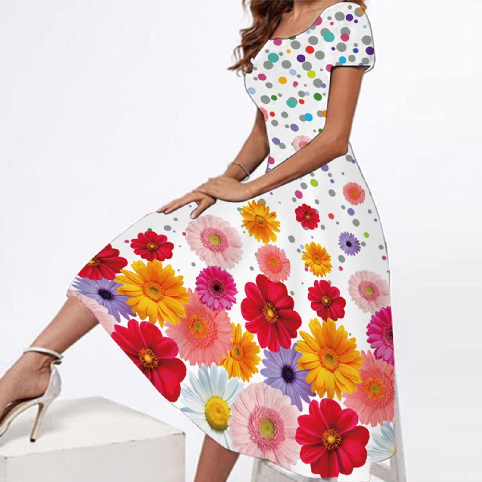 Office Dresses for Women for Work A Line Swing Casual Short Mini Dress Polka Dot Print Ruffle Short Sleeve Dress