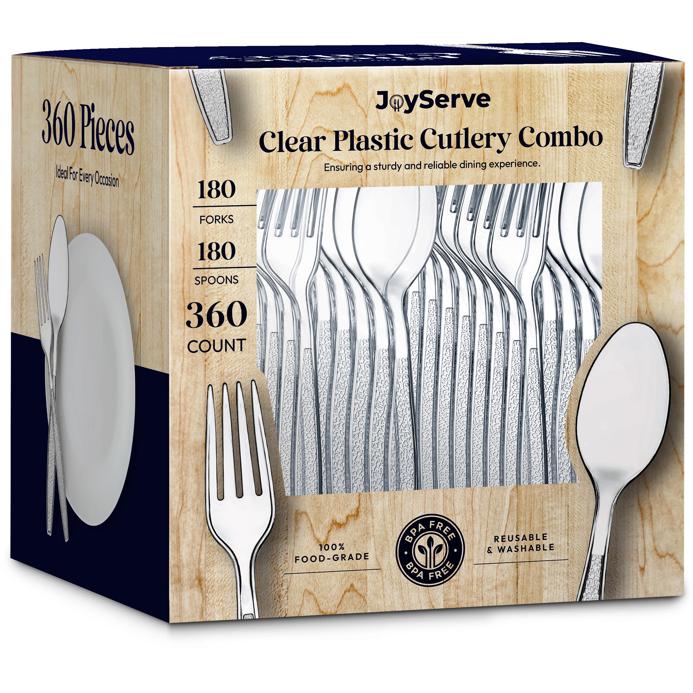 Clear Plastic Cutlery Set - (Bulk Pack 360 Pcs) Disposable Plastic Utensils Heavy Duty, 180 Plastic Forks and 180 Spoons, Silverware Sets for Party Supplies, Dinners, Take-Out, Catering, Food Services