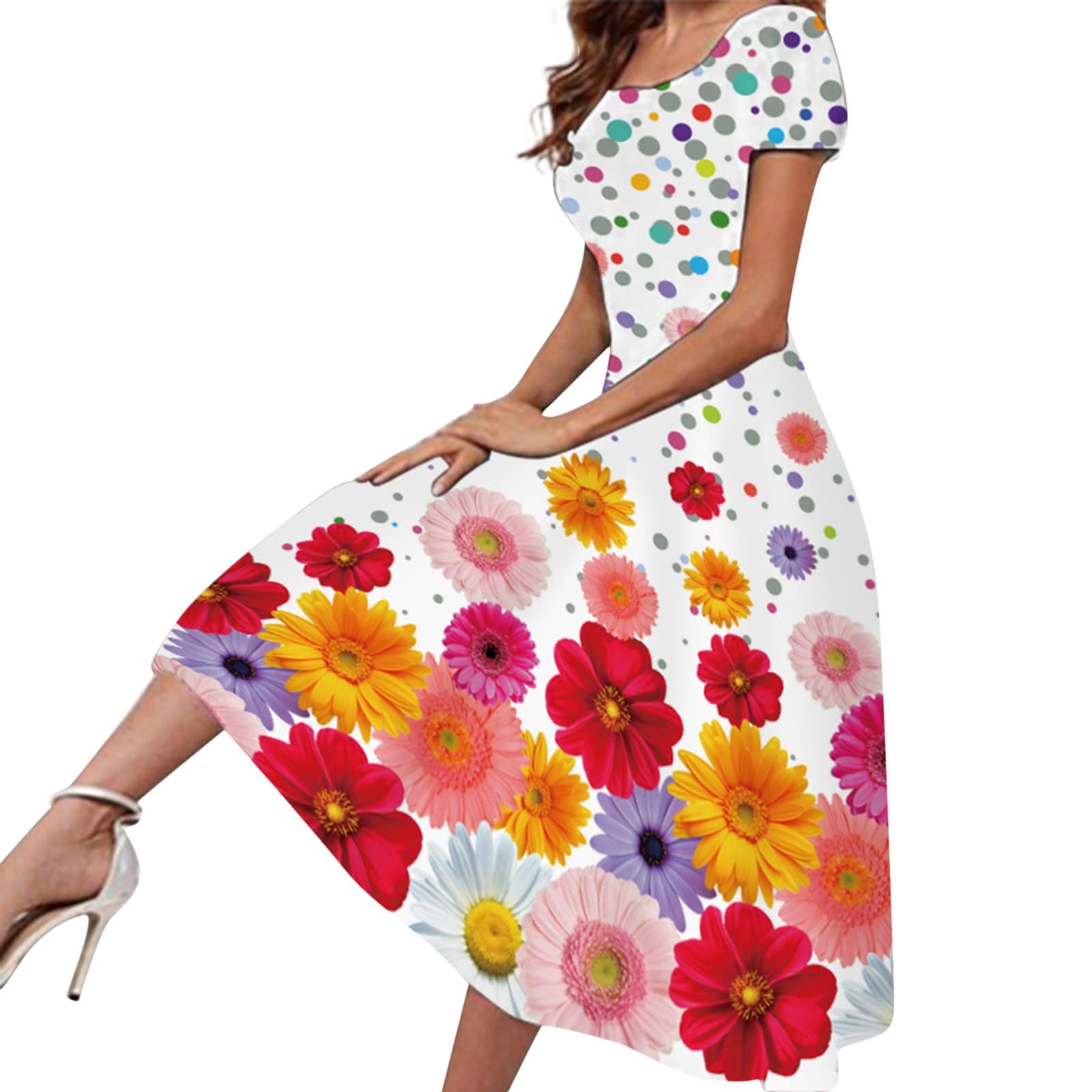 Office Dresses for Women for Work A Line Swing Casual Short Mini Dress Polka Dot Print Ruffle Short Sleeve Dress