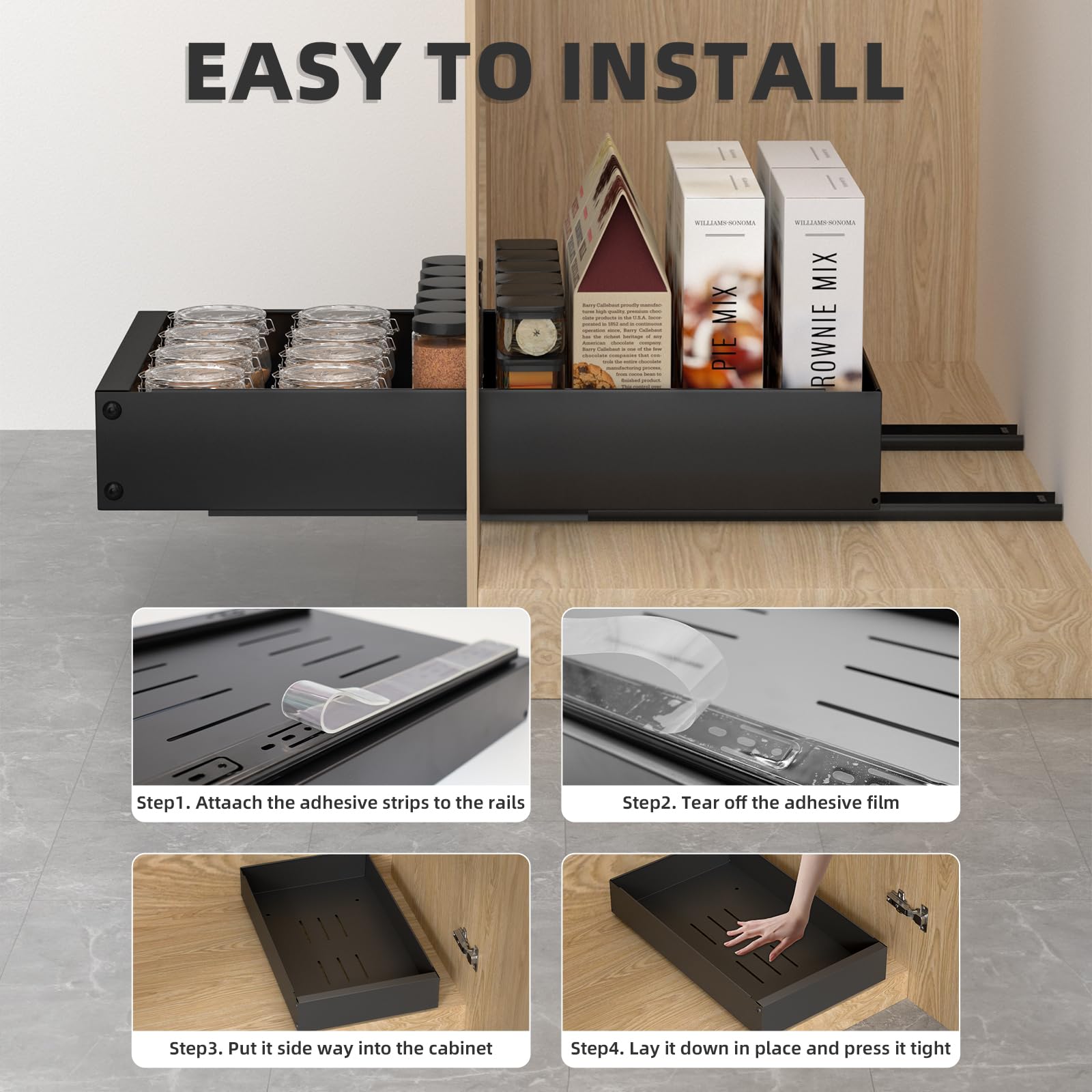 Pull Out Cabinet Organizer, Pull Out Drawers for Cabinets, 11.8" W x 16.9" D, Cabinet Pull Out Shelves, Heavy slide drawers Fixed with Adhesive Nano Film Fixed, For Kitchen, Bathroom (Black)