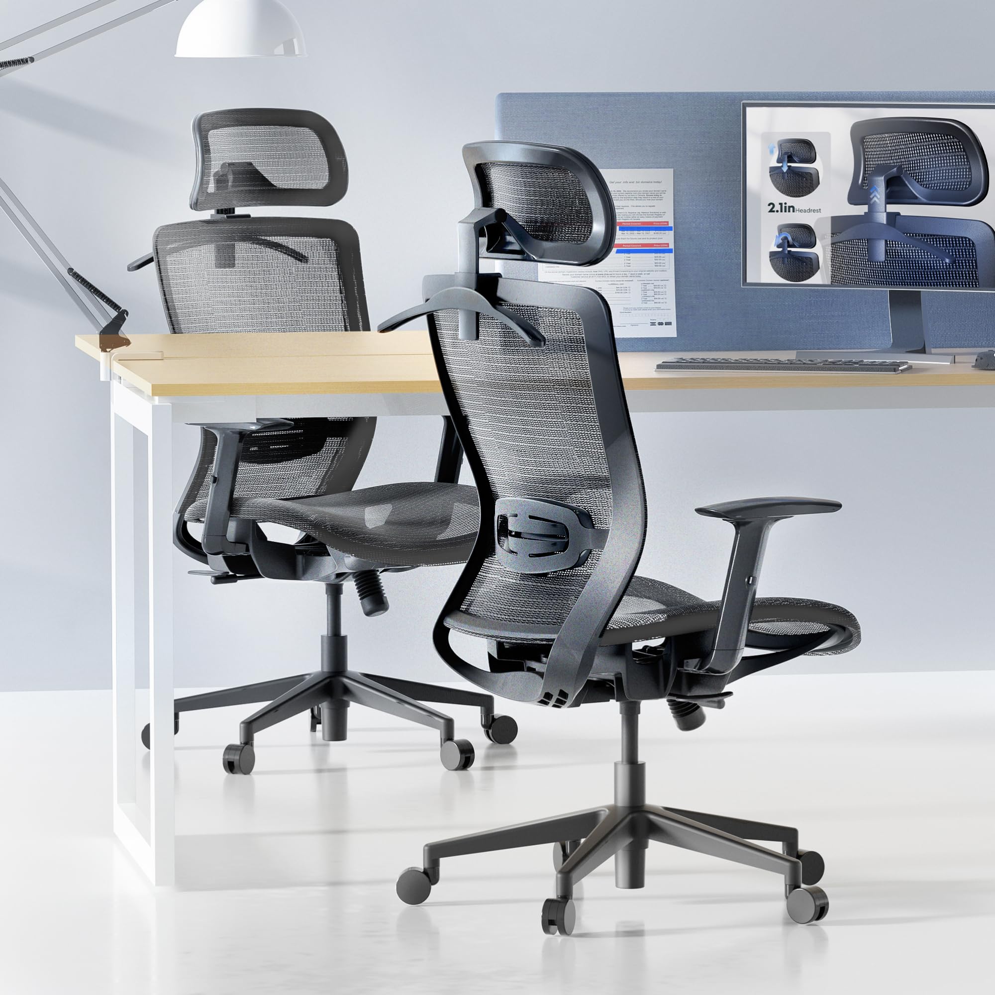 FLEXISPOT OC3B Ergonomic Executive Mesh Office Chair Swivel Height Adjustable Seat Headrest Armrest Lumbar Support Caster Wheels Task Chair Gray Mesh Seat Computer Office Desk Chair