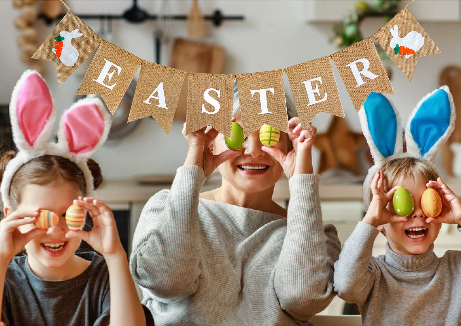 Easter Burlap Banner, Easter Décor Home, Banner Garland with Rustic Banner Happy Easter Hanging Banner Decor for Mantle Fireplace Wall Pre-Assembled - No DIY Required - 1 Pack