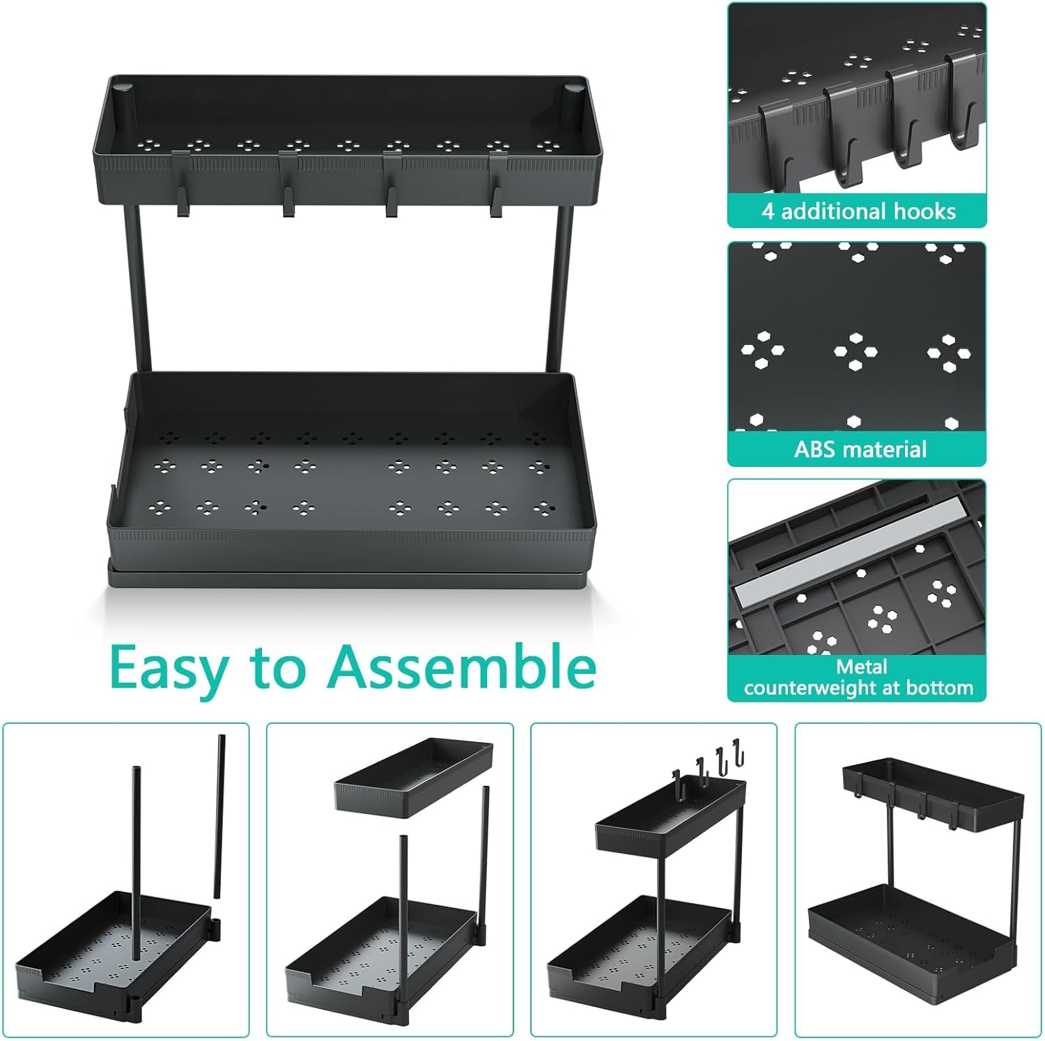 Warmodern 3 Pack Bathroom Organizer Under Sink,2 Tier Bathroom Cabinet Organizer, Bathroom Organizer Under Sink Baskets with 24 Hooks and 6 Hanging Cups, Multifunction Under Cabinet Storage