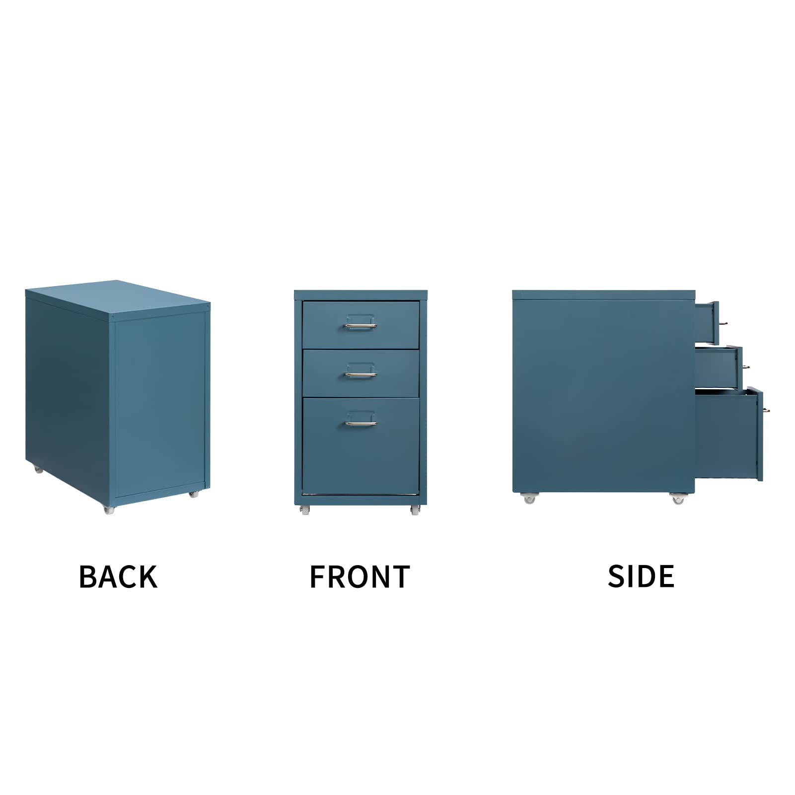 HollyHOME 3 Drawer Mobile Storage Cabinet, Metal Storage Dresser Cabinet with Castor Wheels, Small Organization Chest for Home Office, Easy Assembly Without Screws, Dark Blue