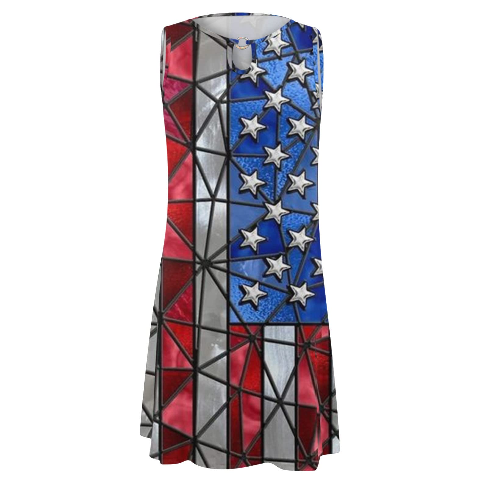 Office Dresses for Women for Work Women Casual Round Neck Hollow Ring Colorful Independence Day Print Sleeveless Dress