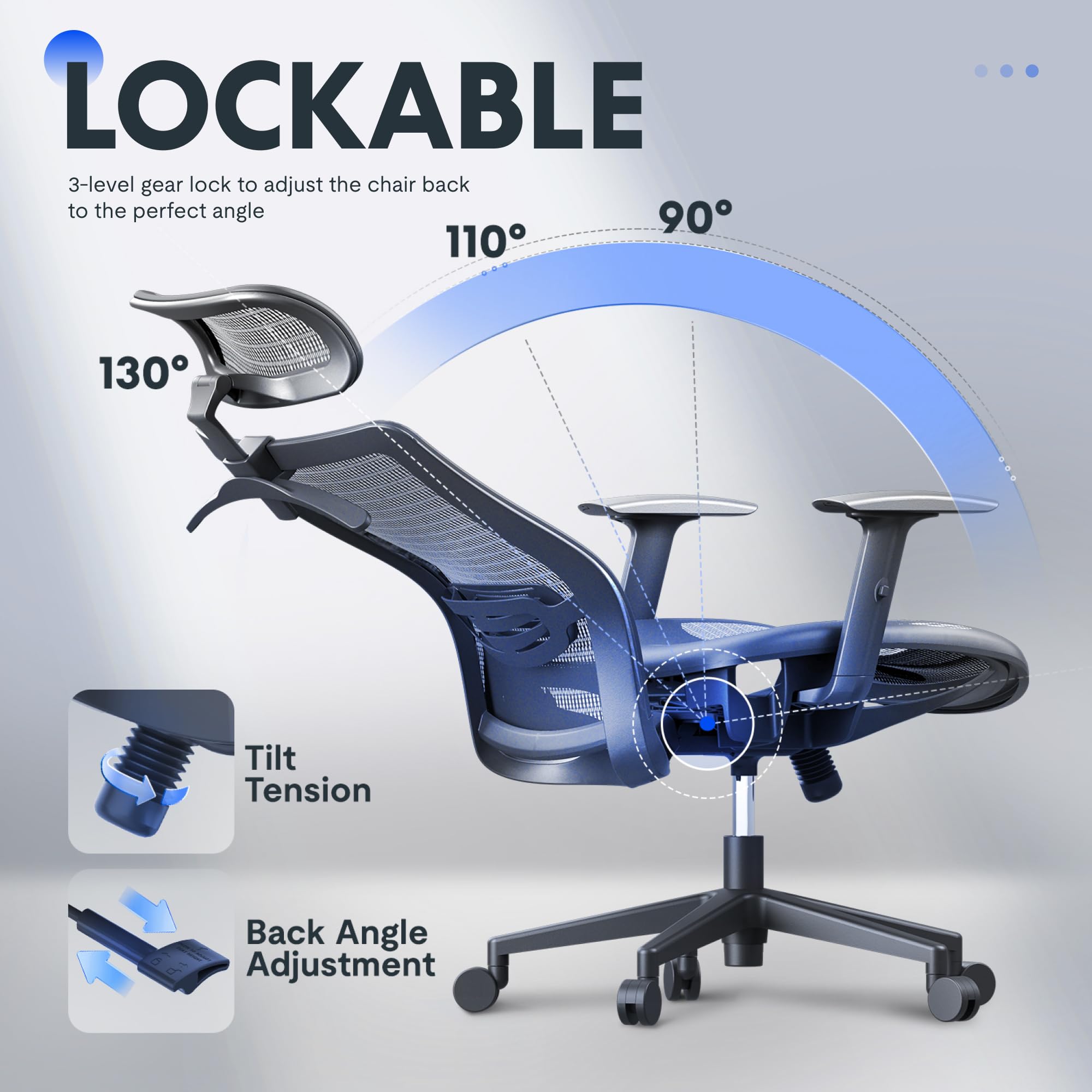 FLEXISPOT OC3B Ergonomic Executive Mesh Office Chair Swivel Height Adjustable Seat Headrest Armrest Lumbar Support Caster Wheels Task Chair Gray Mesh Seat Computer Office Desk Chair