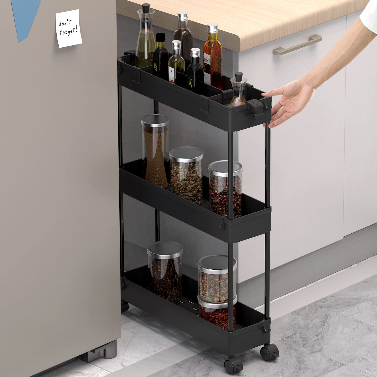 SPACELEAD Slim Storage Cart,3 Tier Bathroom Rolling Utility Cart Storage Organizer Slide Out Cart, Mobile Shelving Unit Organizer Trolley for Office Bathroom Kitchen Laundry Room Narrow Places, Black