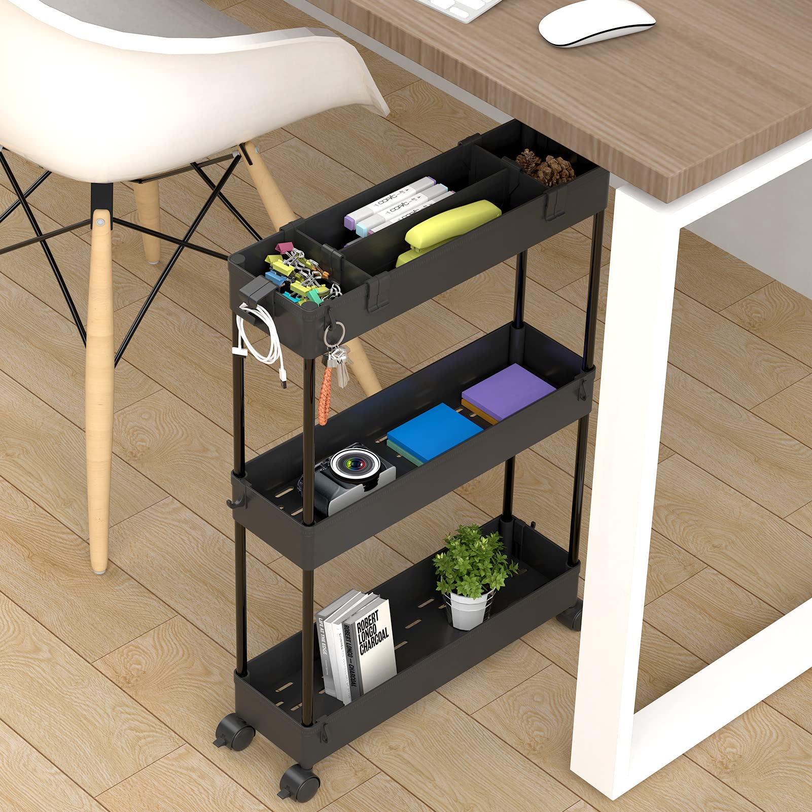 SPACELEAD Slim Storage Cart,3 Tier Bathroom Rolling Utility Cart Storage Organizer Slide Out Cart, Mobile Shelving Unit Organizer Trolley for Office Bathroom Kitchen Laundry Room Narrow Places, Black