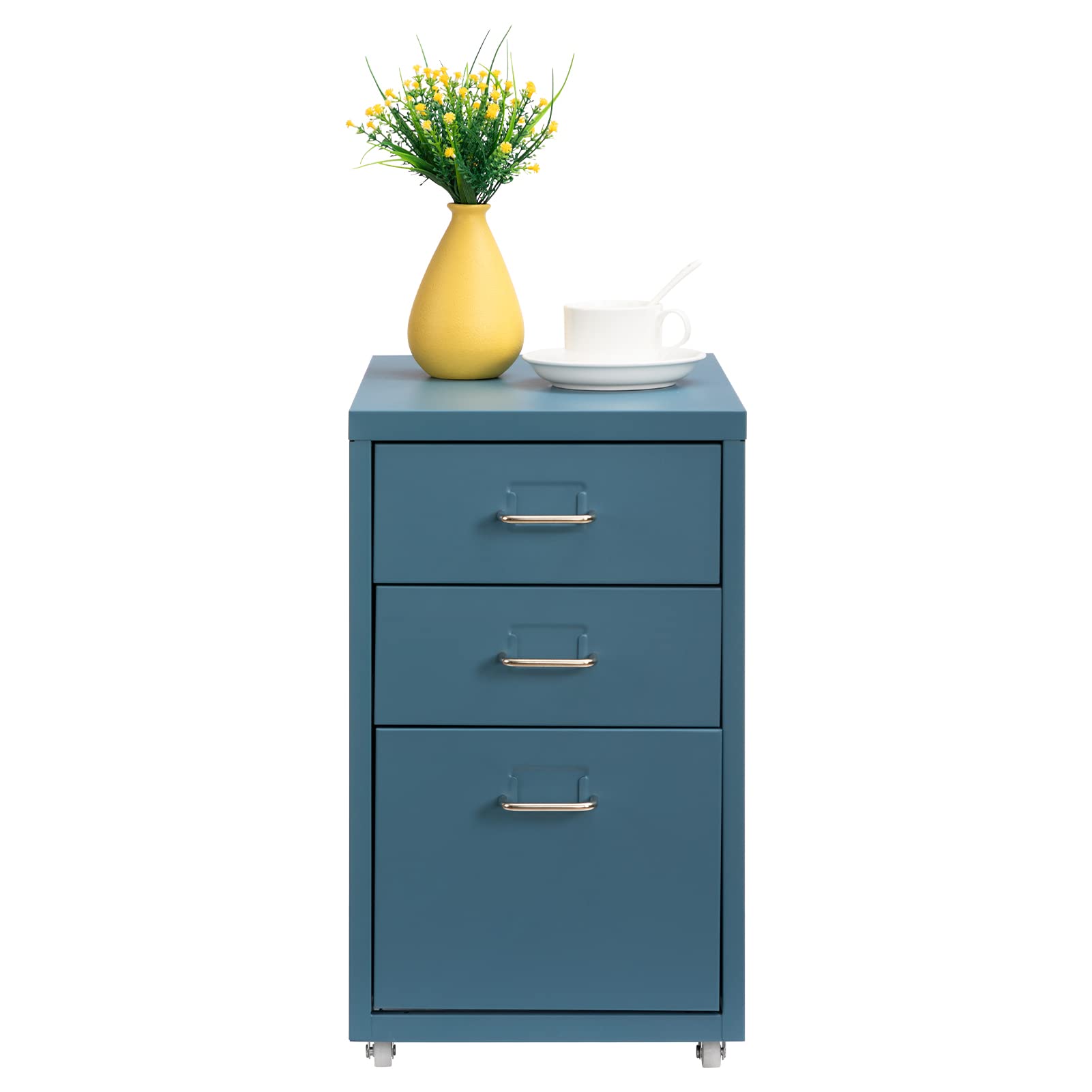 HollyHOME 3 Drawer Mobile Storage Cabinet, Metal Storage Dresser Cabinet with Castor Wheels, Small Organization Chest for Home Office, Easy Assembly Without Screws, Dark Blue
