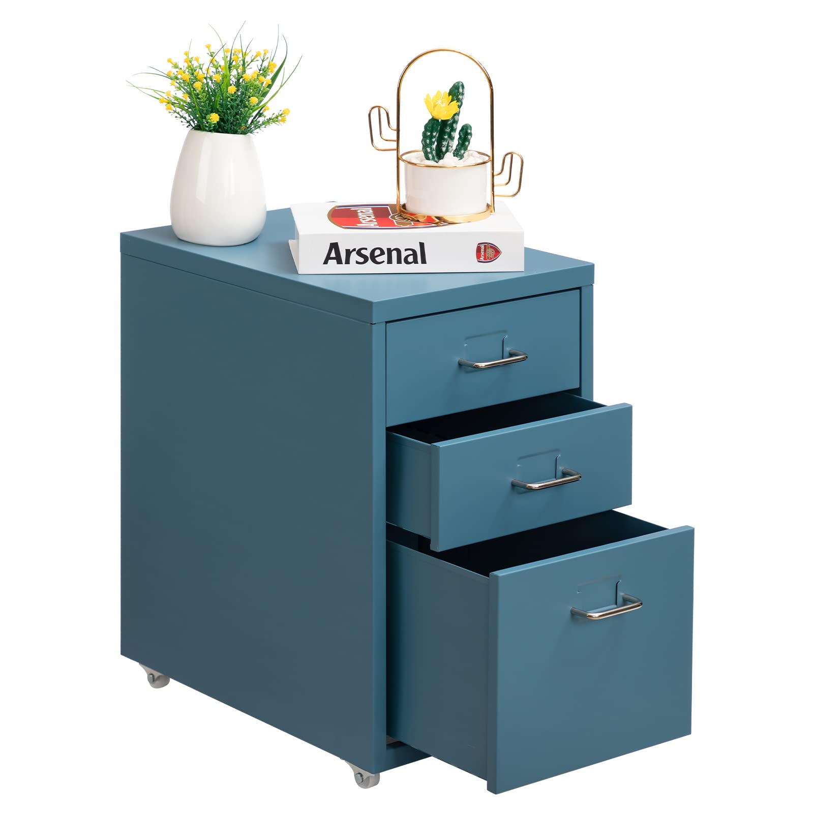 HollyHOME 3 Drawer Mobile Storage Cabinet, Metal Storage Dresser Cabinet with Castor Wheels, Small Organization Chest for Home Office, Easy Assembly Without Screws, Dark Blue