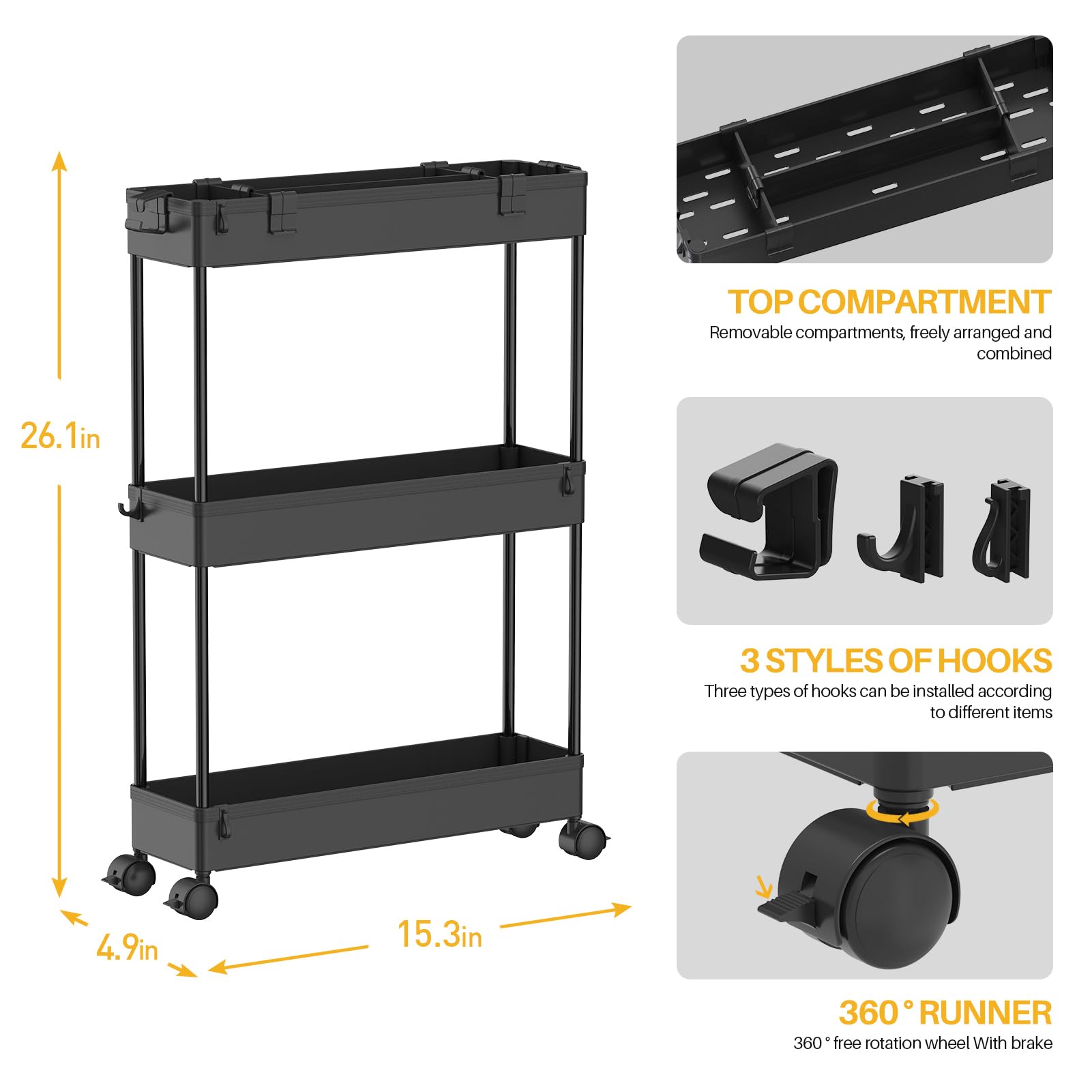 SPACELEAD Slim Storage Cart,3 Tier Bathroom Rolling Utility Cart Storage Organizer Slide Out Cart, Mobile Shelving Unit Organizer Trolley for Office Bathroom Kitchen Laundry Room Narrow Places, Black