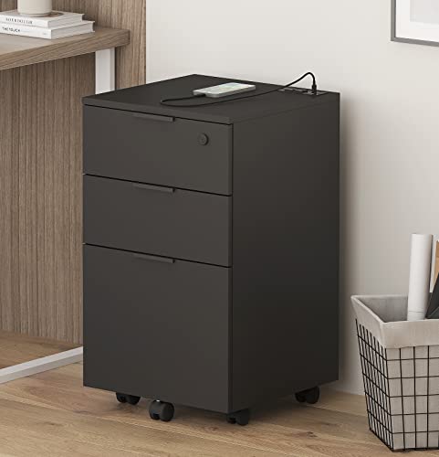 GOSROMS 3 Drawer File Cabinet with Lock & Charging Station, Wooden Move File Cabinet with Wheels, for Home Office, A4/Letter Size Files Under Desk - Black