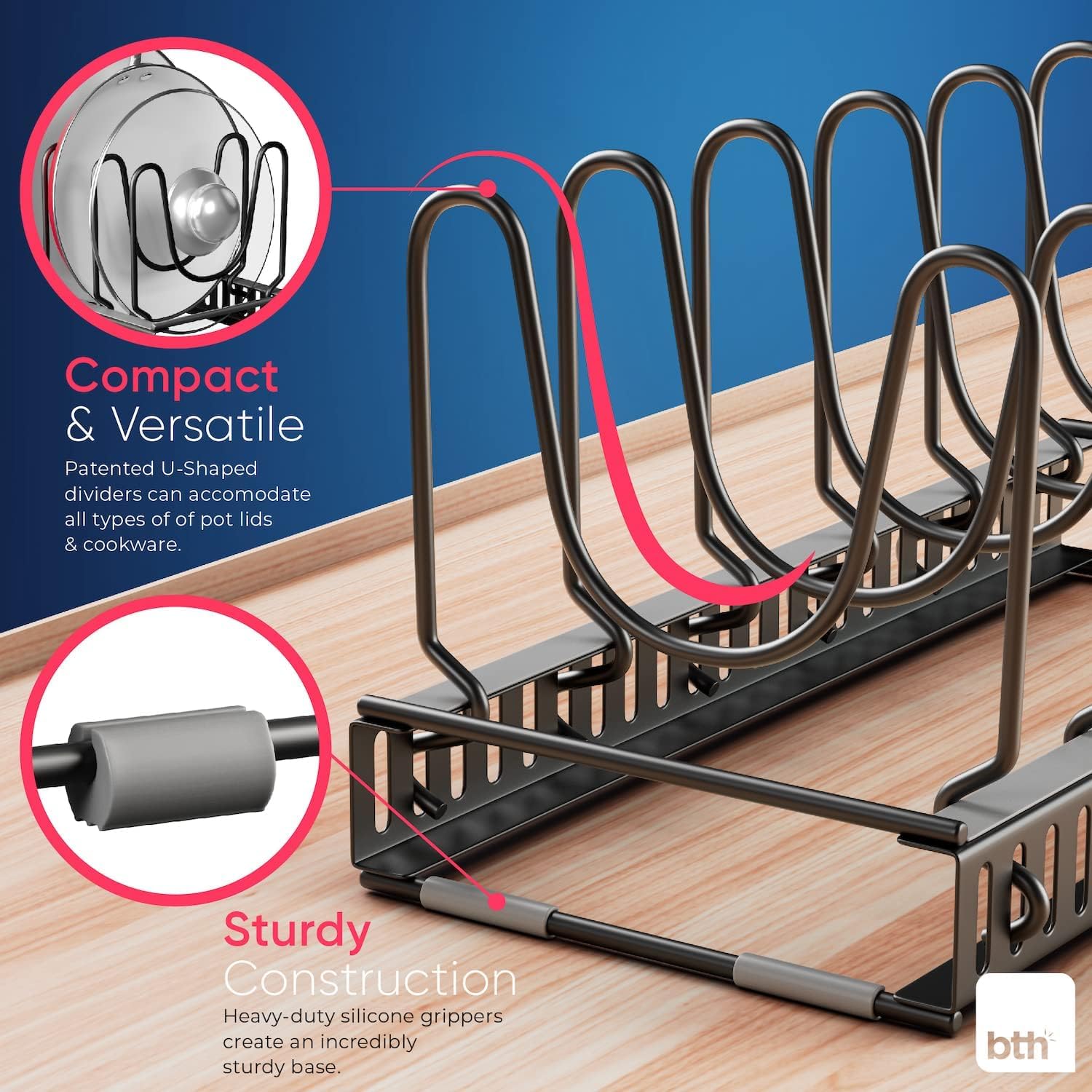 Better Things Home Pot Lid Organizer for Cabinet with 6 Adjustable Dividers - Anti-Scratch Padding - Bakeware, Cookware β Perfect for Kitchen Organization (Dark Grey)
