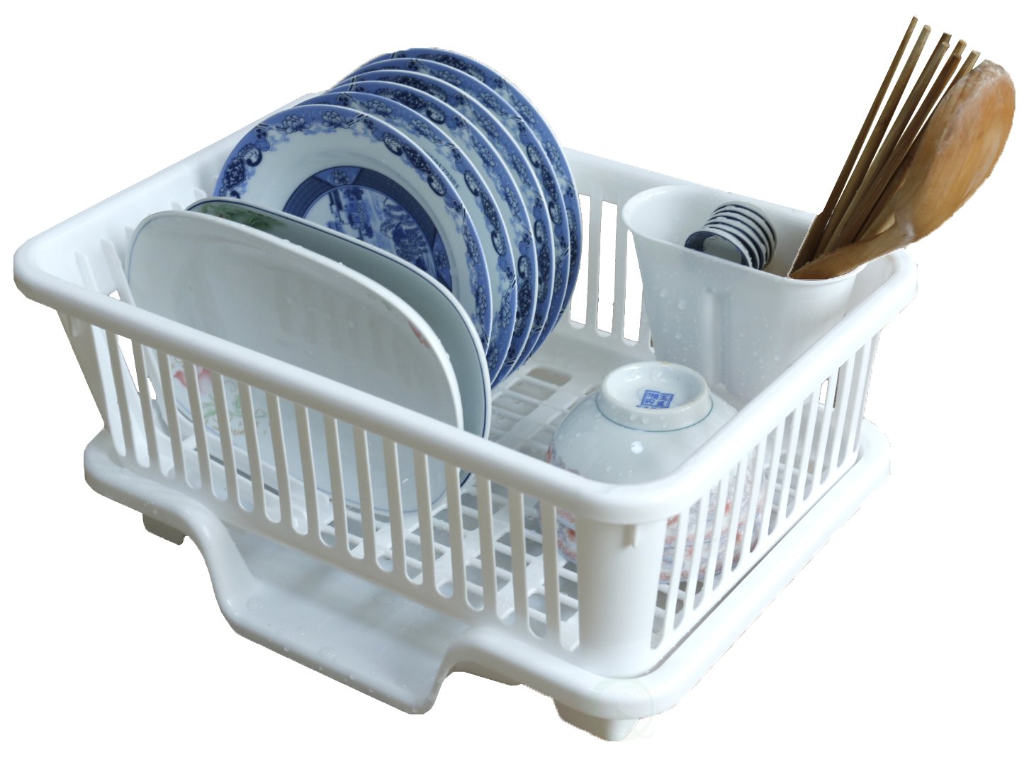 Basicwise Plastic Dish Rack with Drain Board and Utensil Cup