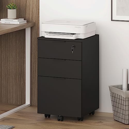 GOSROMS 3 Drawer File Cabinet with Lock & Charging Station, Wooden Move File Cabinet with Wheels, for Home Office, A4/Letter Size Files Under Desk - Black