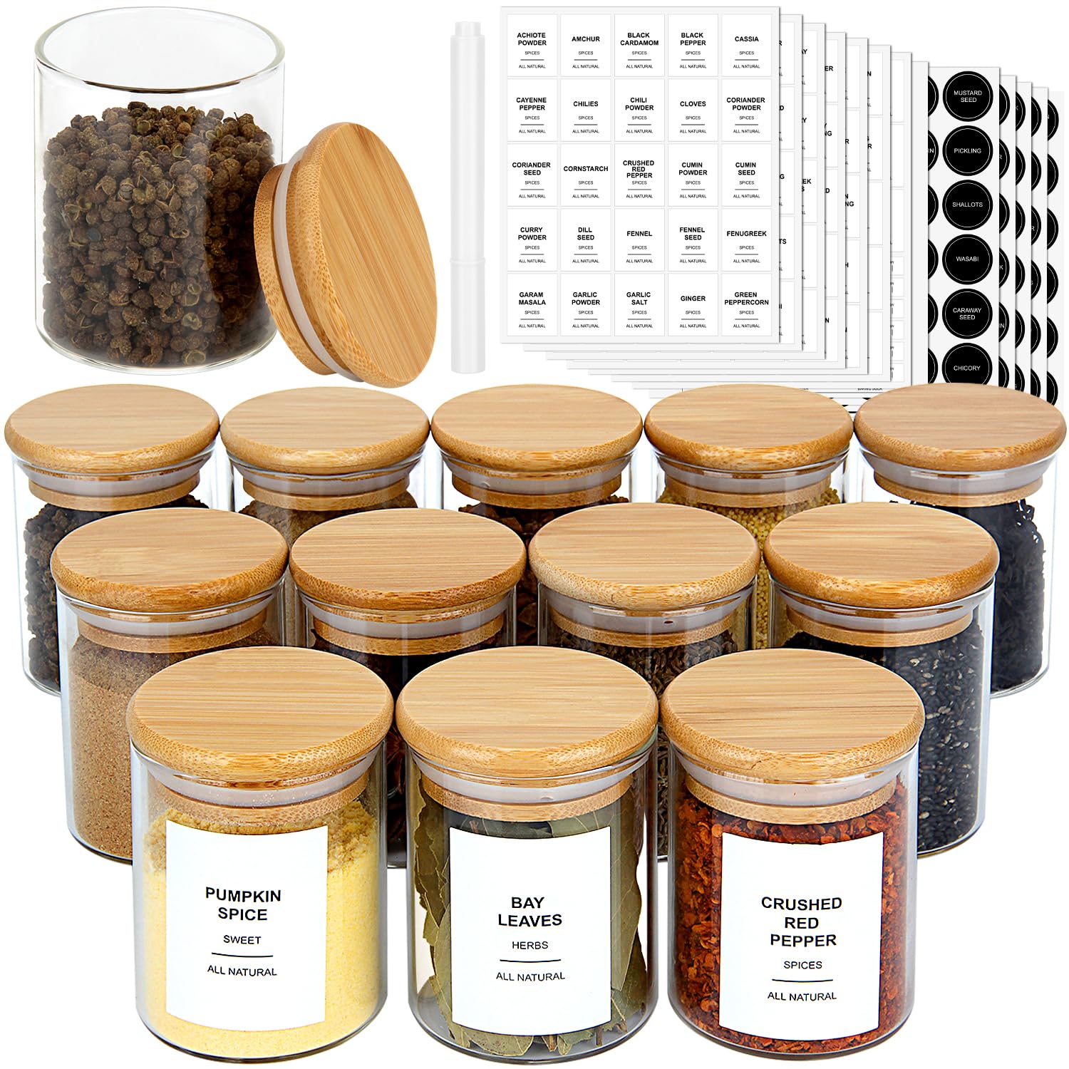 JuneHeart 32 PCS Glass Spice Jars with Bamboo Lids and 194 Waterproof Labels, 4oz Clear Food Storage Containers for Kitchen Sugar Salt Coffee Beans