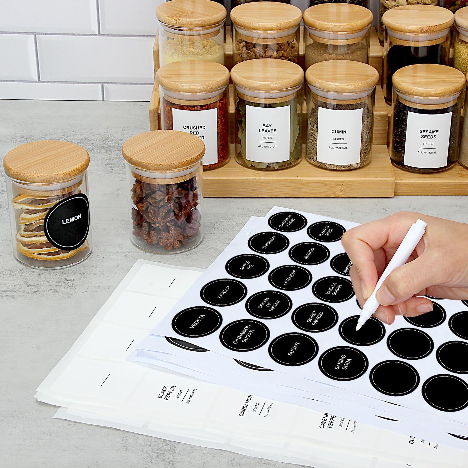 JuneHeart 32 PCS Glass Spice Jars with Bamboo Lids and 194 Waterproof Labels, 4oz Clear Food Storage Containers for Kitchen Sugar Salt Coffee Beans