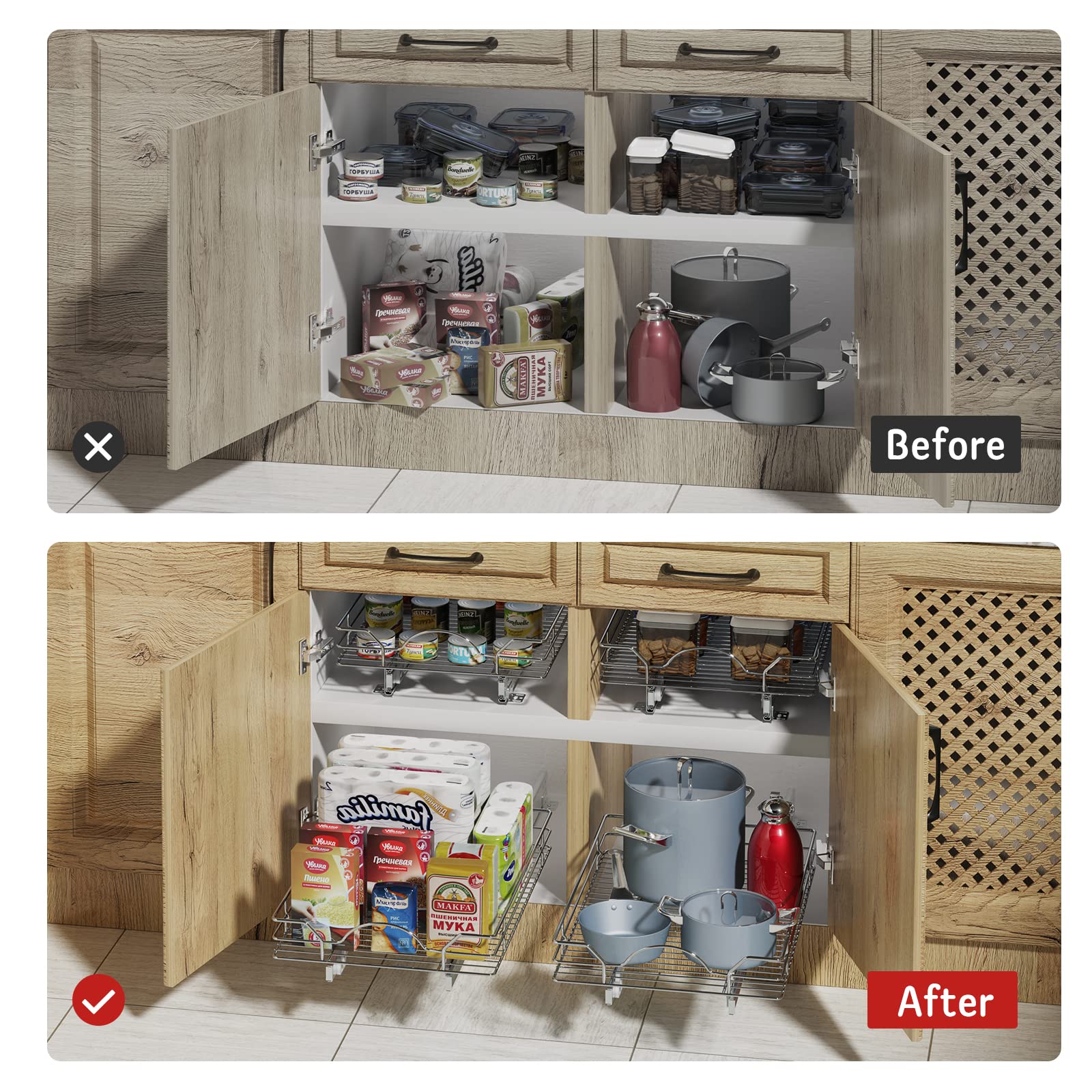 LOVMOR Pull Out Cabinet Organizer and Storage 11" W x 21" D, Slide Out Shelves for Kitchen Cabinets