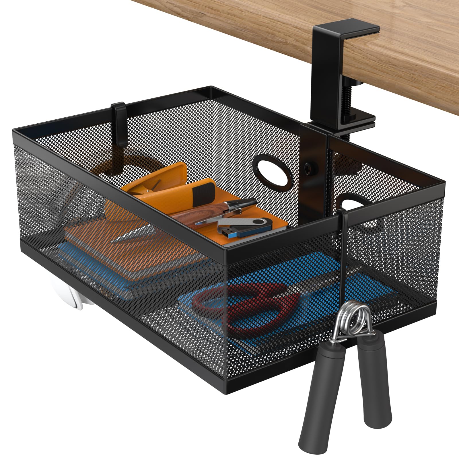HAMOPY Under Desk Drawer Organizer, Clamp-on No Drill Under Desk Storage Drawers with 2 Cable Holes, 360° Rotatable Hidden Desk Must Haves for Home and Office Accessories