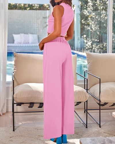 BTFBM Women 2 Piece Outfits 2024 Spring Summer Tracksuits Mock Neck Sleeveless Cutout Crop Top Wide Leg Pants Sweatsuits(Solid Pink, Large)